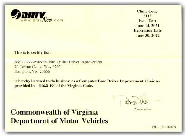 Our Certification for the VA Online Drivers Instruction Clinic | Online ...